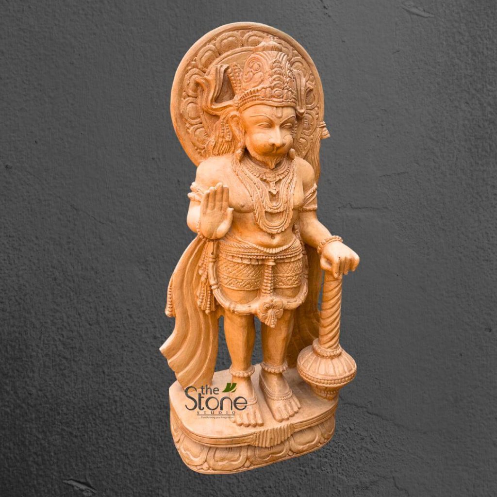 Hanuman Statue in Red Stone Standing Position 3ft - The Stone Studio
