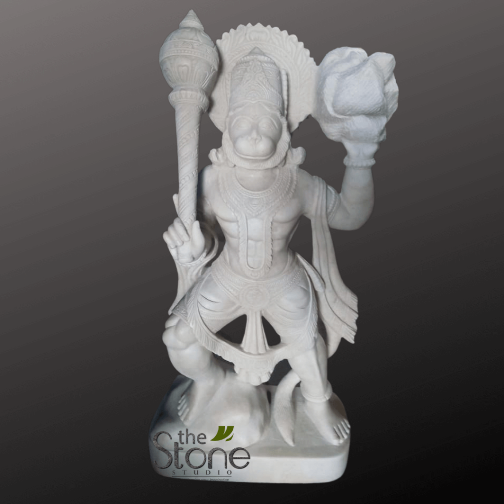 Hanuman Statue in Marble Holding Parwat 3.5ft - The Stone Studio