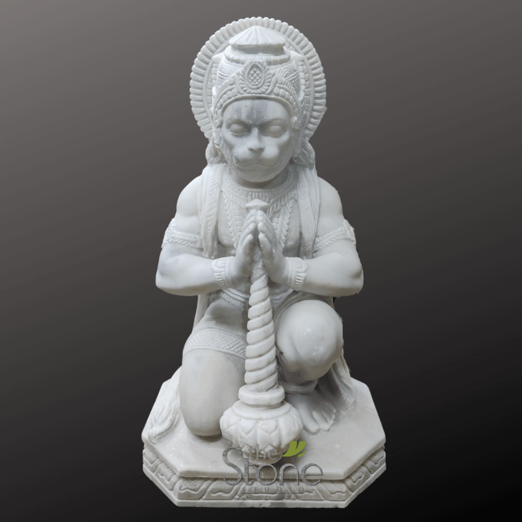 Hanuman Statue in White Marble Sitting Position 2ft - The Stone Studio