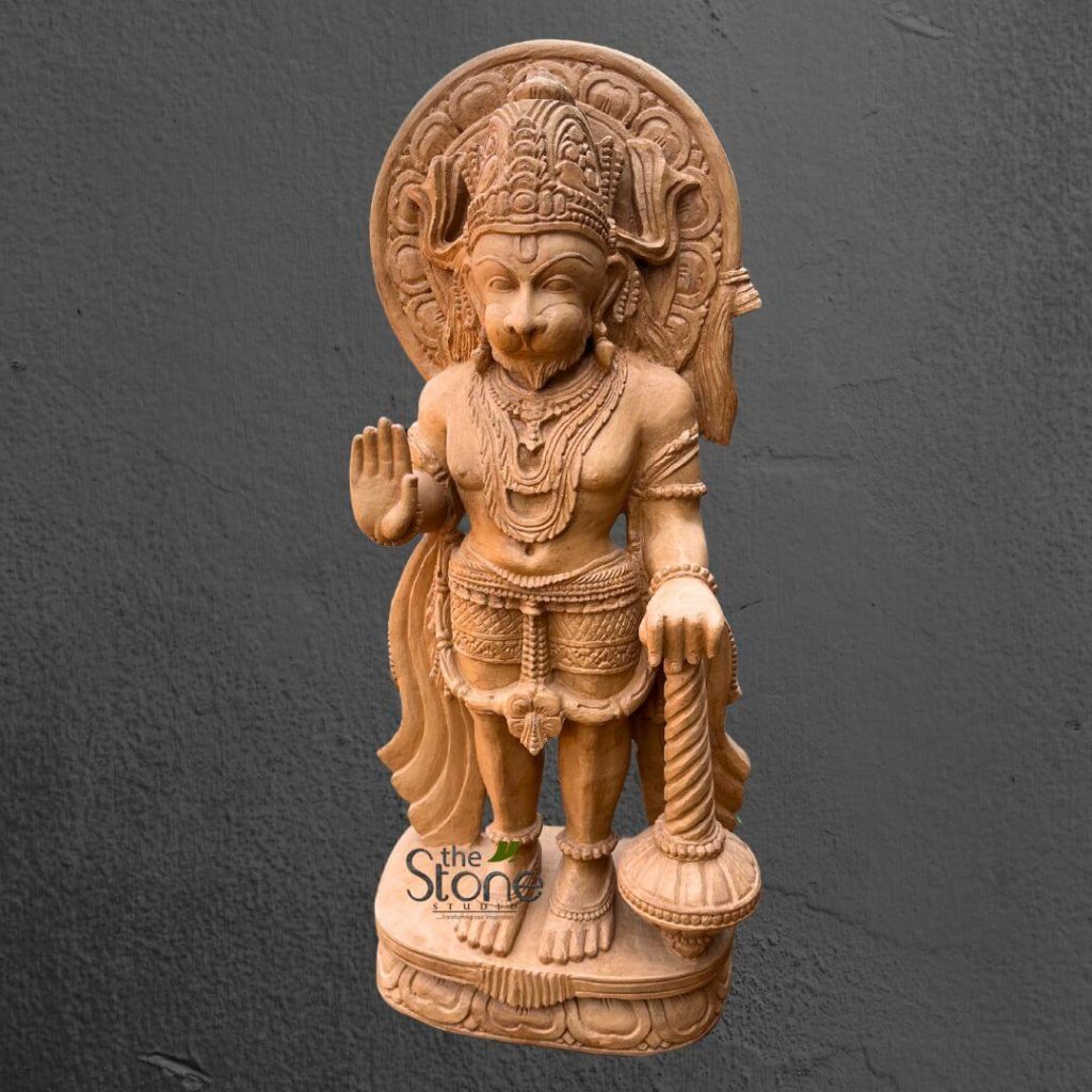 Hanuman Statue in Red Stone Standing Position 3ft - The Stone Studio