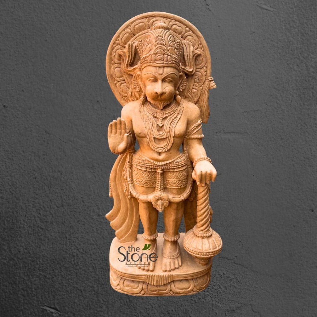 Hanuman Statue in Red Stone Standing Position 3ft - The Stone Studio