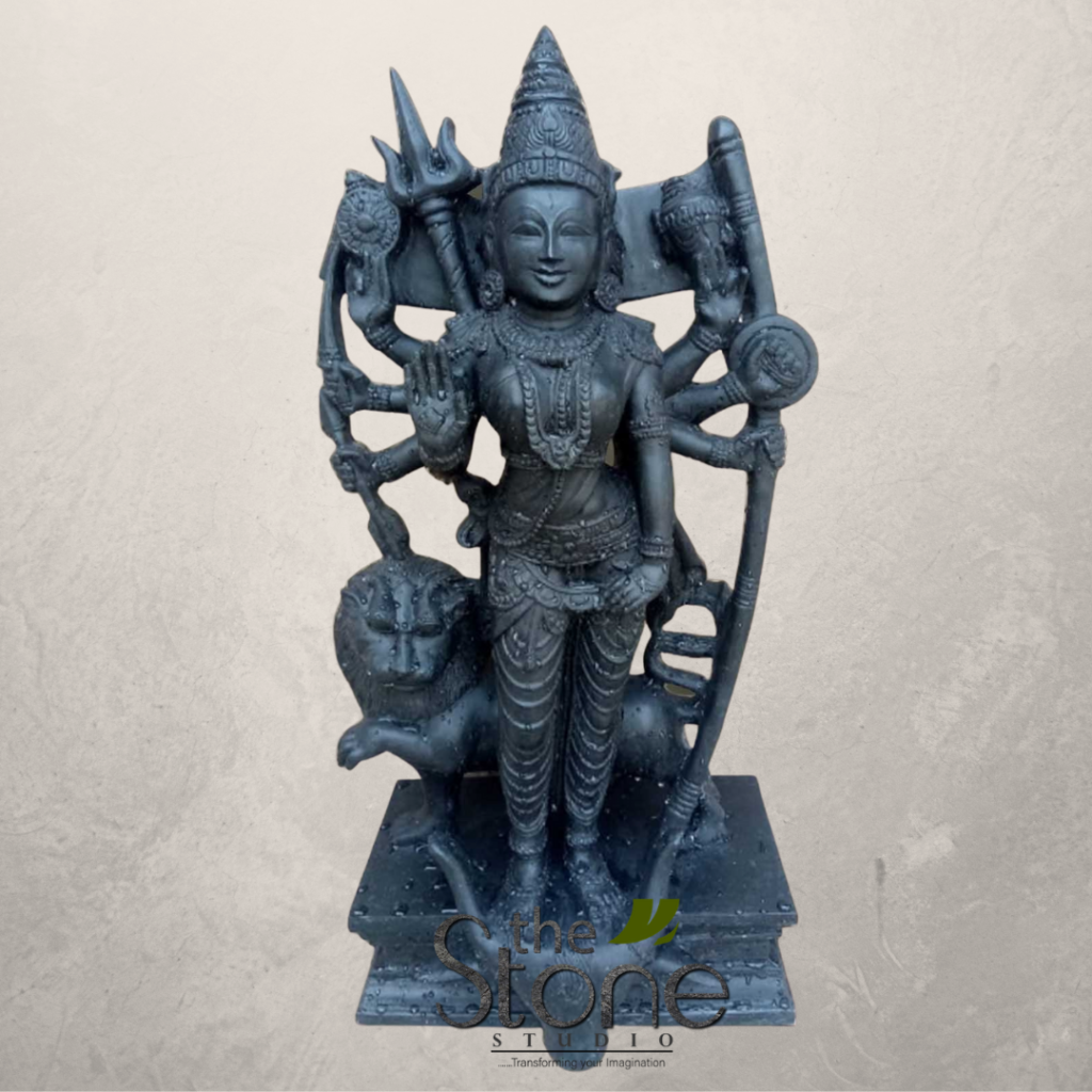 Standing Maa Durga Sculpture in Black Stone 2.5ft - The Stone Studio