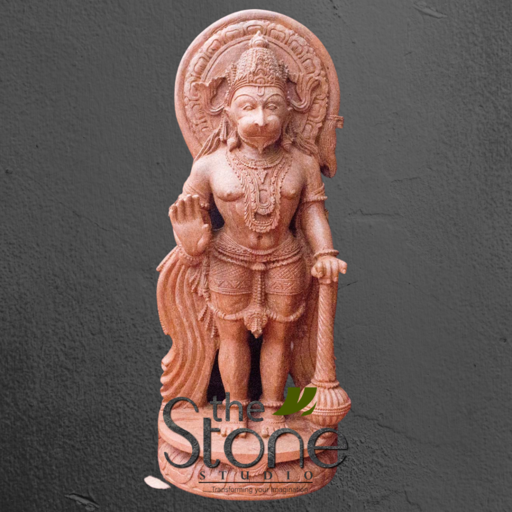 Hanuman Statue in Red Stone Standing Position 3ft - The Stone Studio