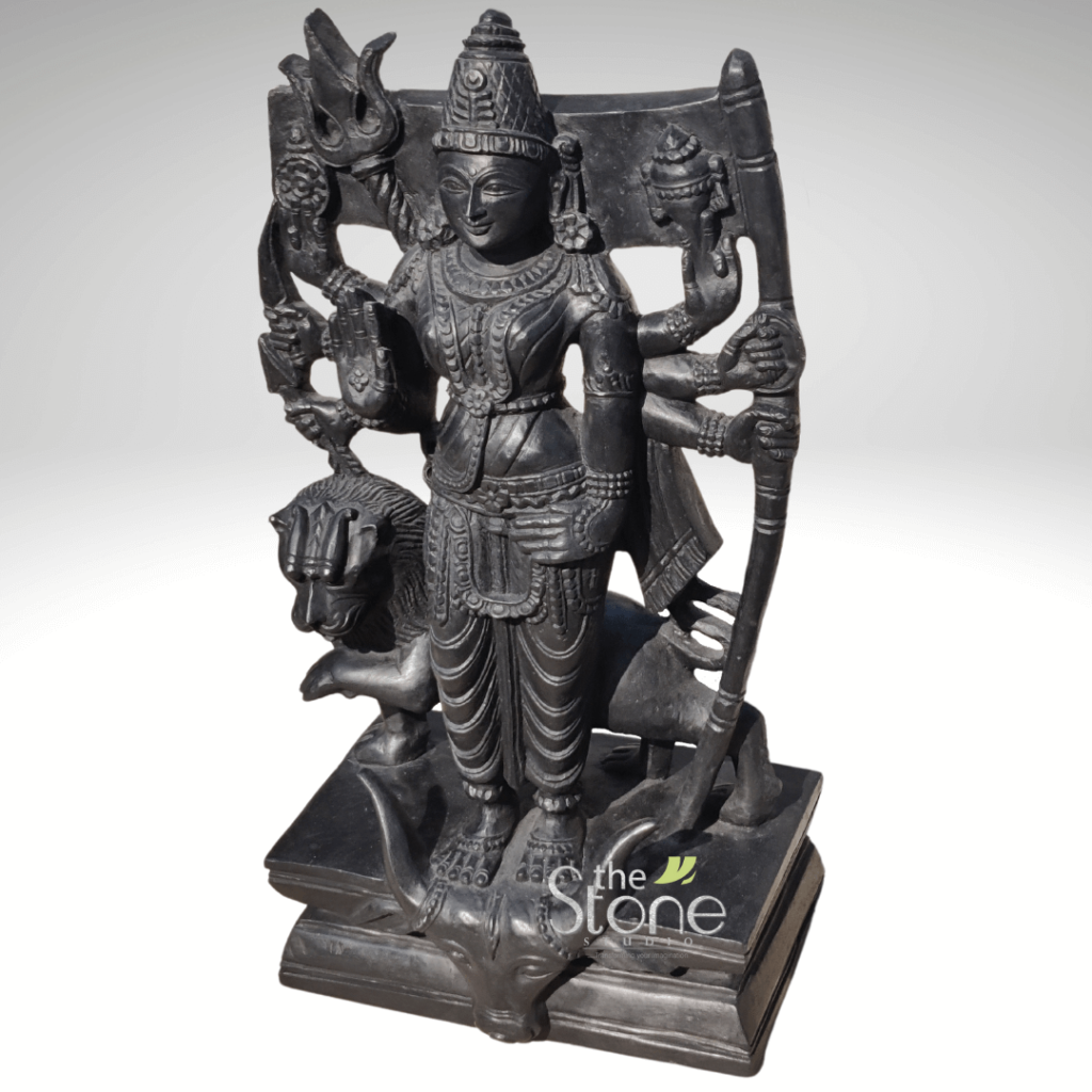 Standing Maa Durga Sculpture in Black Stone 2.5ft - The Stone Studio