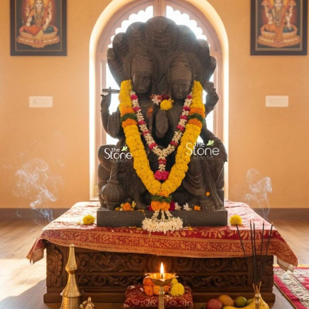 Lord Narayan Lakshmi Black Granite Statue 3.5ft - The Stone Studio