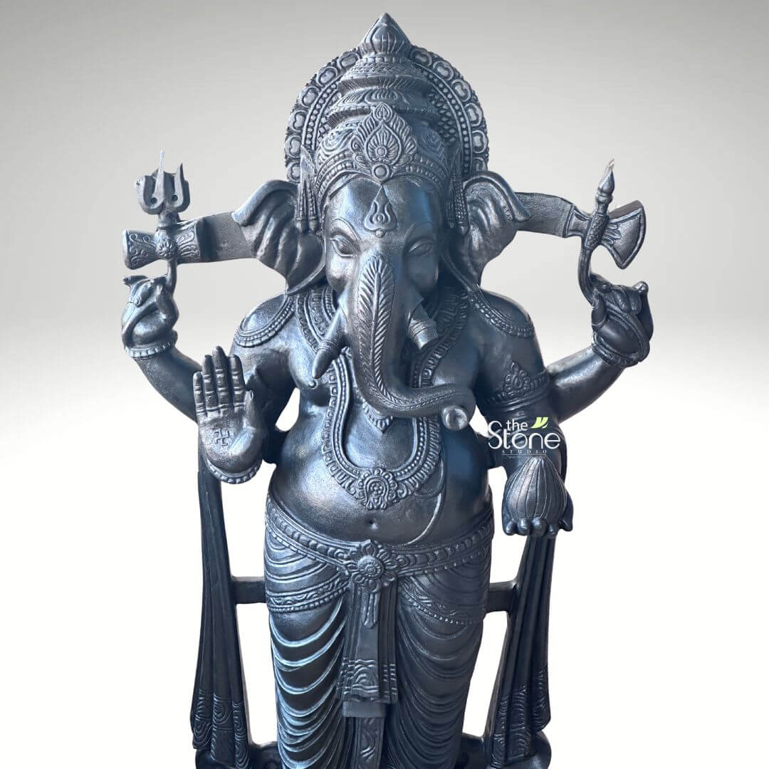 Vastu Ganesha Standing Statue in Black Stone 3.5ft - The Stone Studio